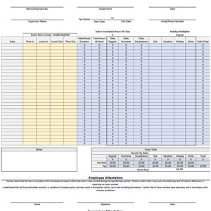 Excel Employee Timesheet Template: Auto Calculate Overtime (printable ...