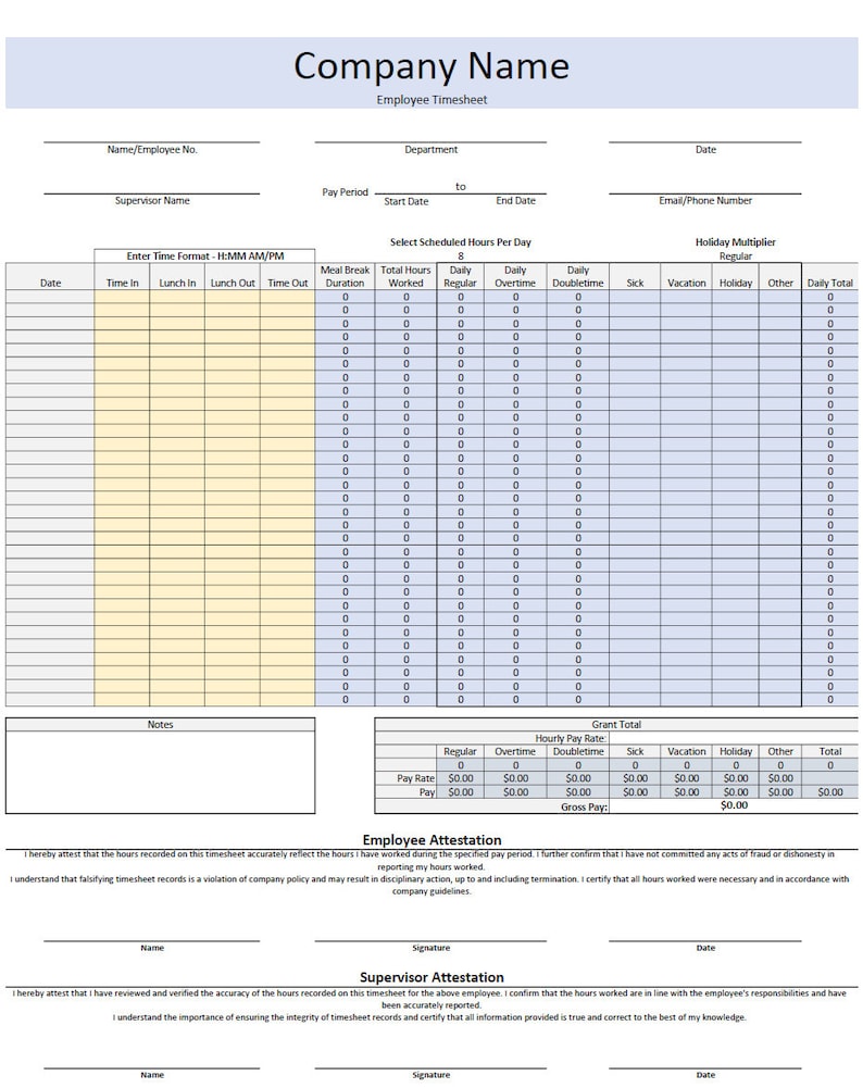 Excel Employee Timesheet Template: Auto Calculate Overtime (printable ...
