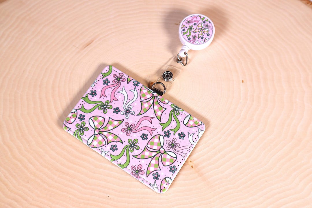 Pink Preppy Coquette Bow ID Holder and Badge Reel, Argyle Bow and ...