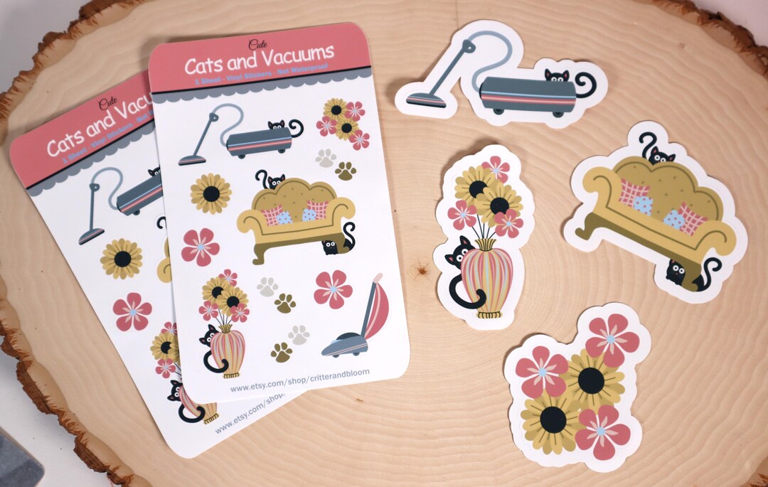 Cute Cats and Vacuums Vinyl Sticker Set, Kitties and Flowers Sticker ...
