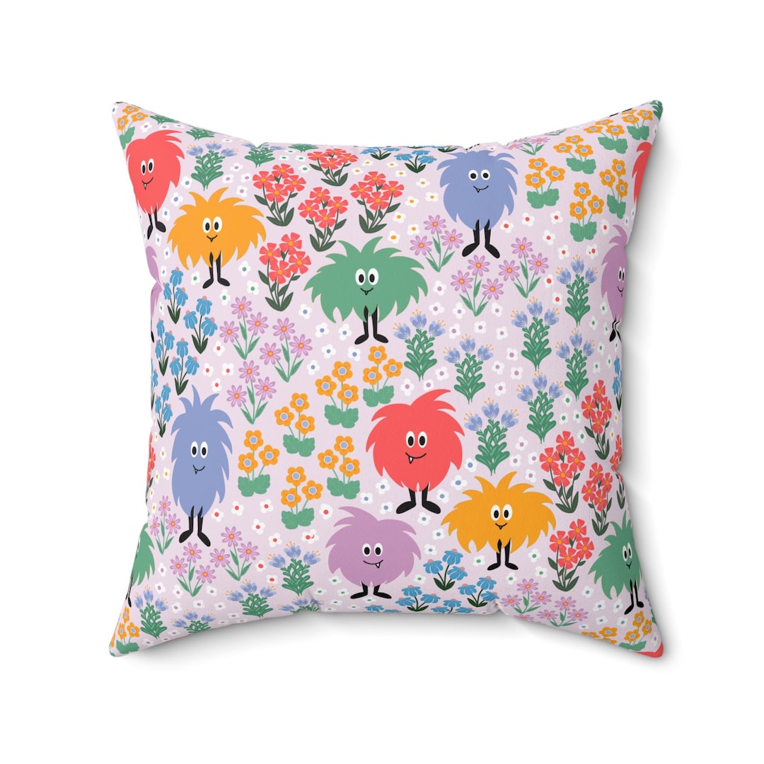 Cute Furry Monsters and Meadow Flowers Square Pillow, Home Decor, Kids ...