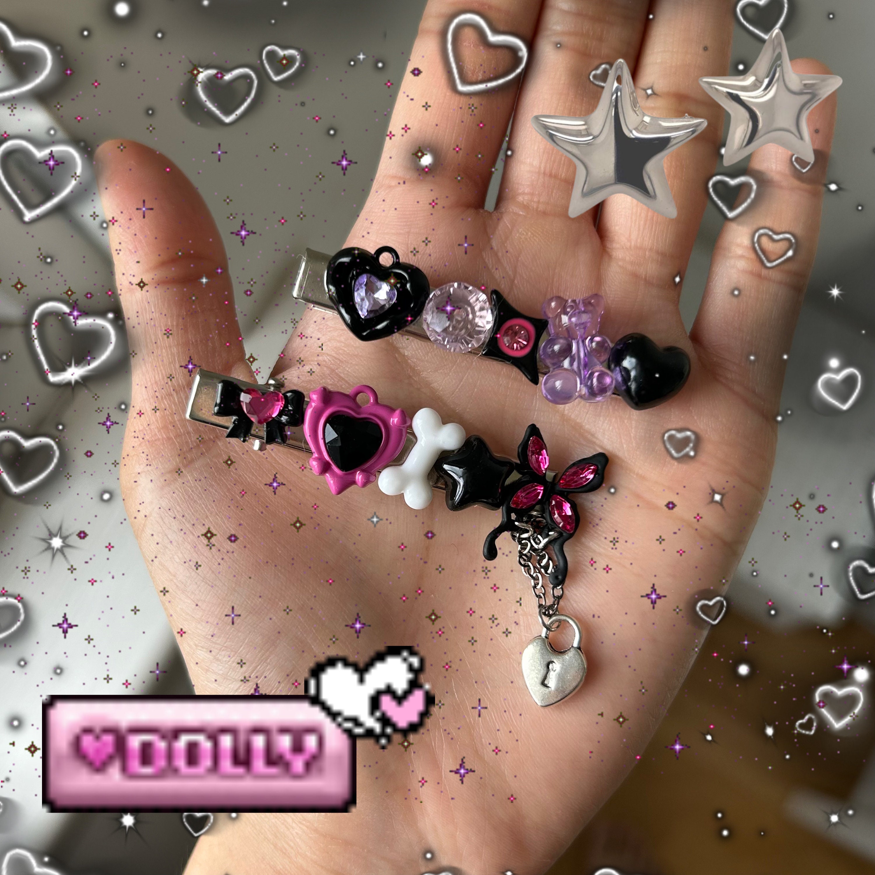 Silver Hair Clip Set With Gems, Cybercore, Cyber, Futuristic, Grunge ...