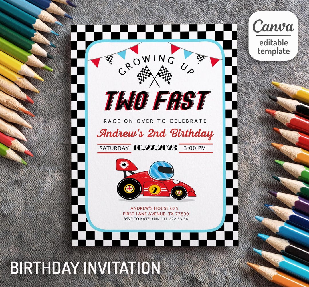 Printable Two Fast Birthday Invitation, Watercolor Race Car Birthday ...
