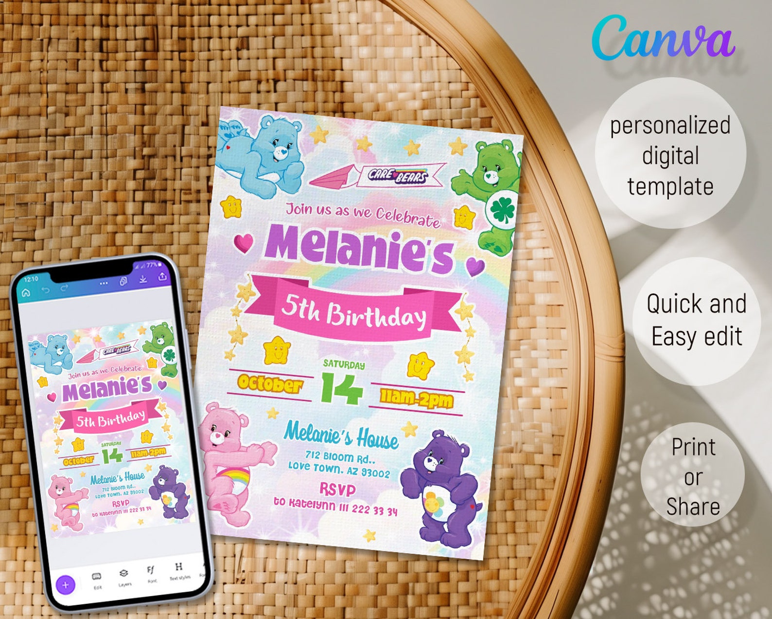 Printable Editable Care Bears Birthday Invitation, Birthday Party ...