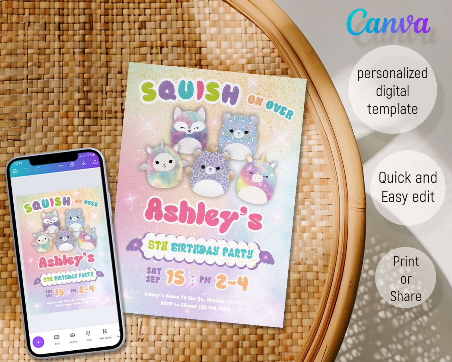 Printable Birthday Invitation, Girl Birthday Invite, Squish Invitation ...