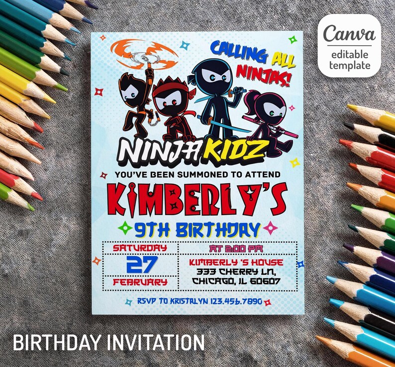 Ninja Kidz Editable Printable Invitation, Boy Girl Birthday Invitation ...