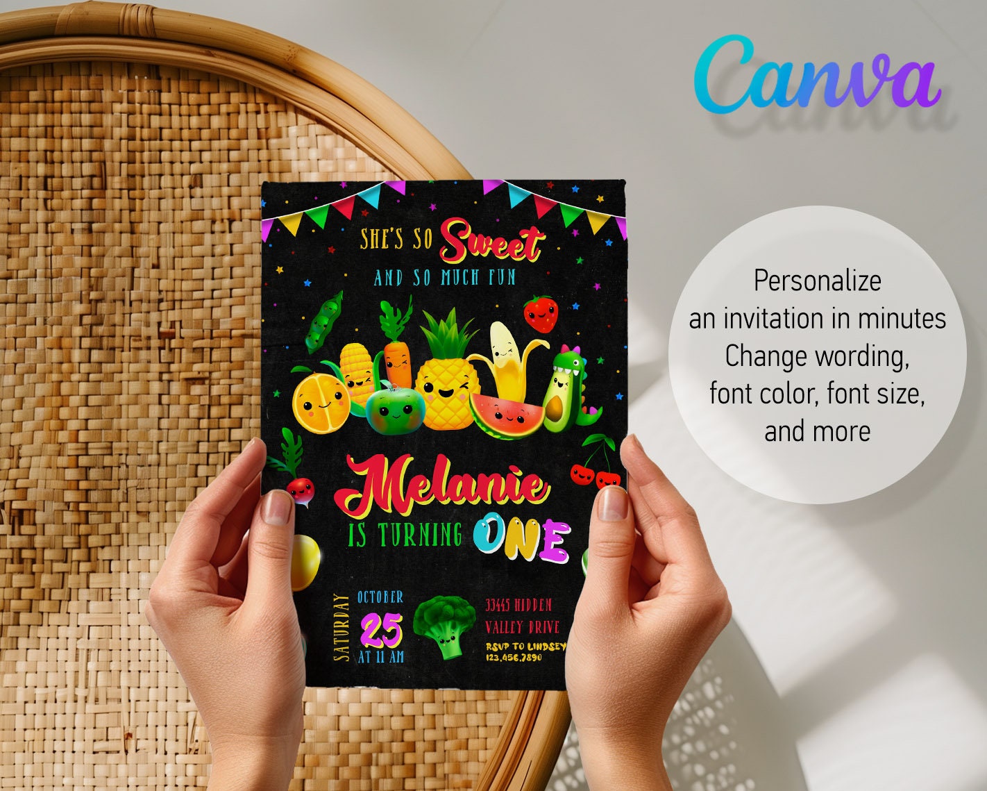 Dancing Fruits Birthday Invitation, Printable Hey Invite, Kawaii Party ...