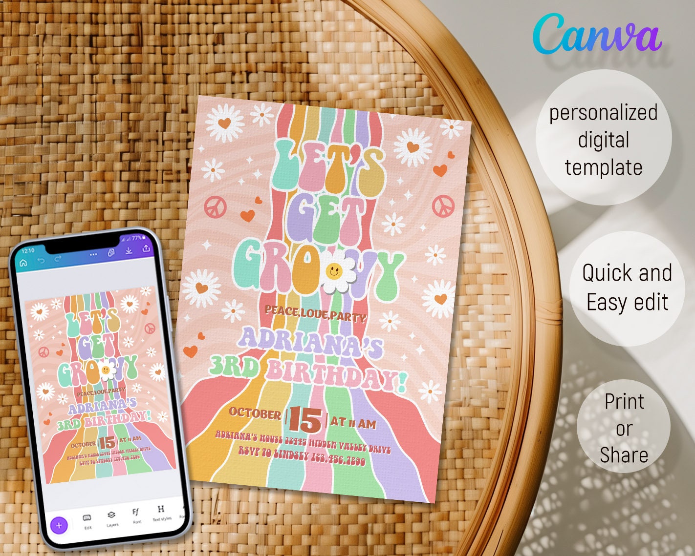 Printable Editable Groovy Invitation, 1st 2nd 3rd Bday Invite, Daisy ...
