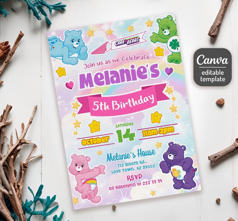 Printable Editable Care Bears Birthday Invitation, Birthday Party ...