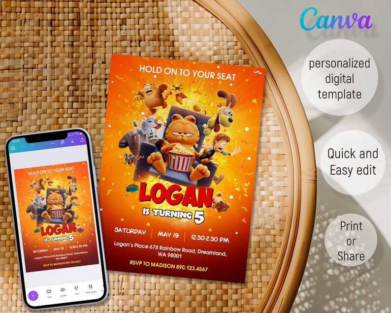 Printable Garfield Movie Birthday Party Invitation, Editable Garfield ...