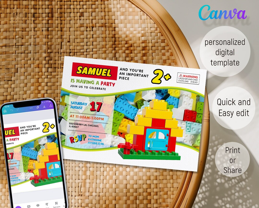 Building Blocks Invitation, Building Blocks Invite, Printable Editable ...