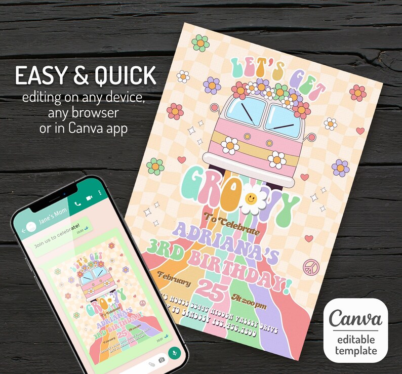 Printable Editable Groovy Invitation, Groovy Hippie Van 1st 2nd 3rd ...
