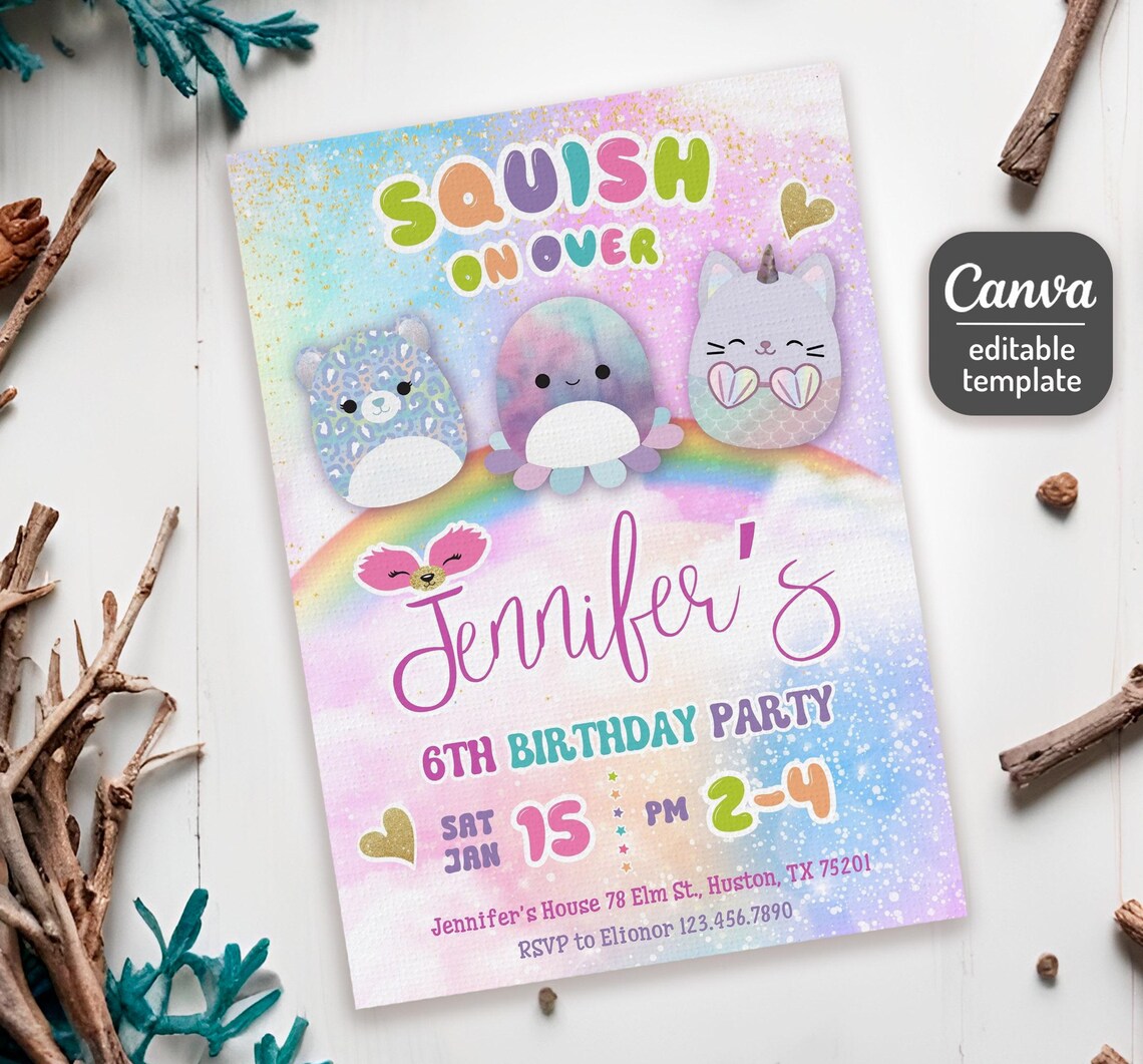 Printable Birthday Invitation, Girl Birthday Invite, Squish Invitation ...