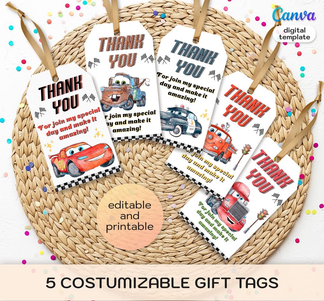 Cars Printable Gift Tags, Birthday Party Thank You Card, Editable ...