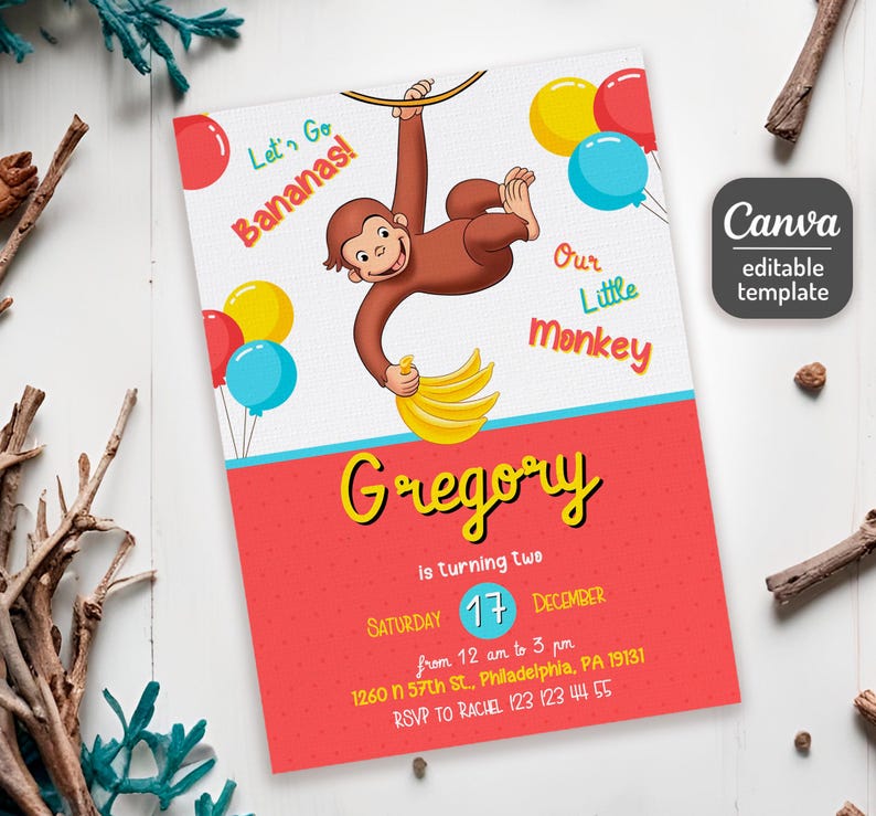 Curious George Birthday Invitation, Printable Monkey Invite, Ape Invite ...