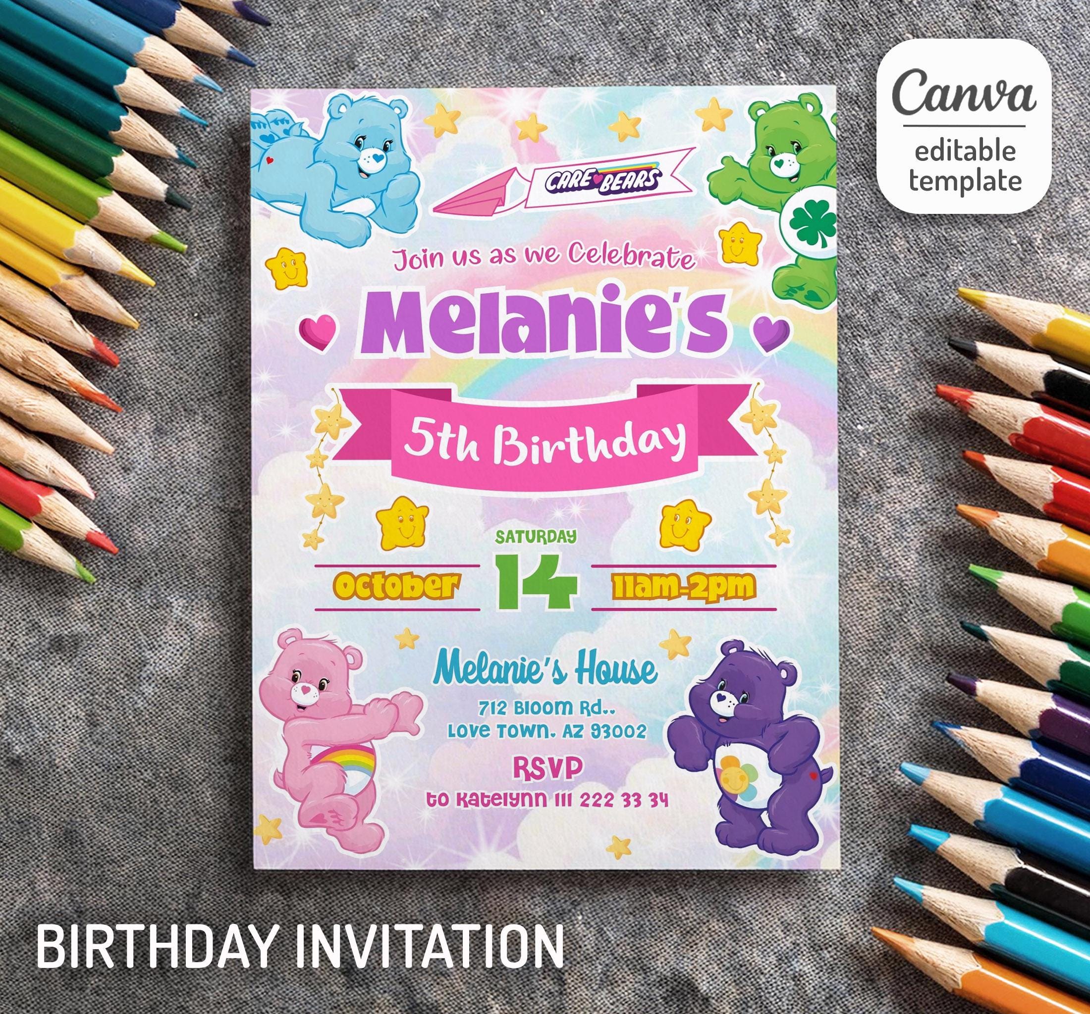 Printable Editable Care Bears Birthday Invitation, Birthday Party ...