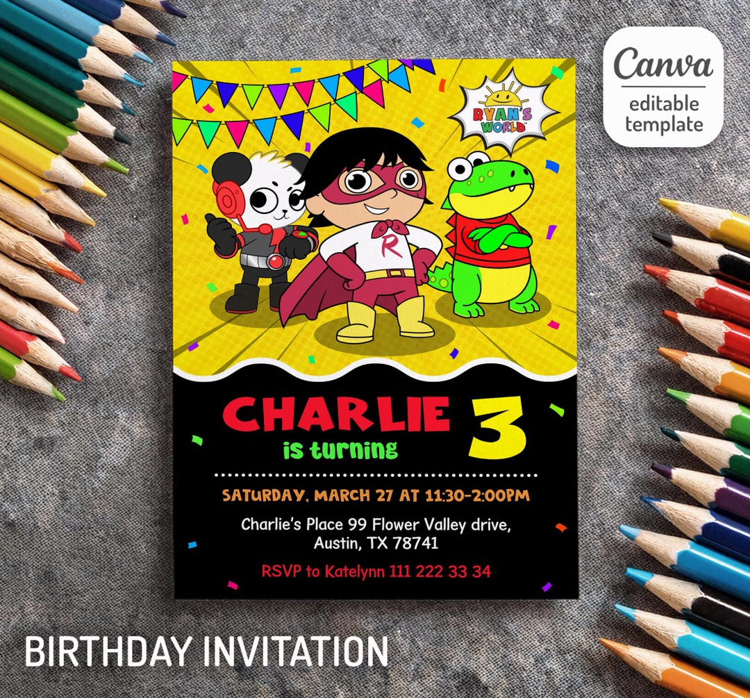 Ryans Birthday Invitation, Printable Ryan's World Invite, Party Invite ...