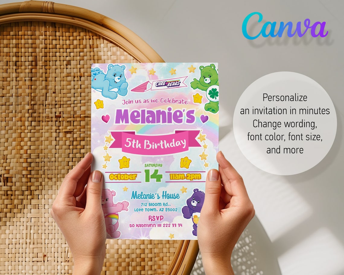 Printable Editable Care Bears Birthday Invitation, Birthday Party ...
