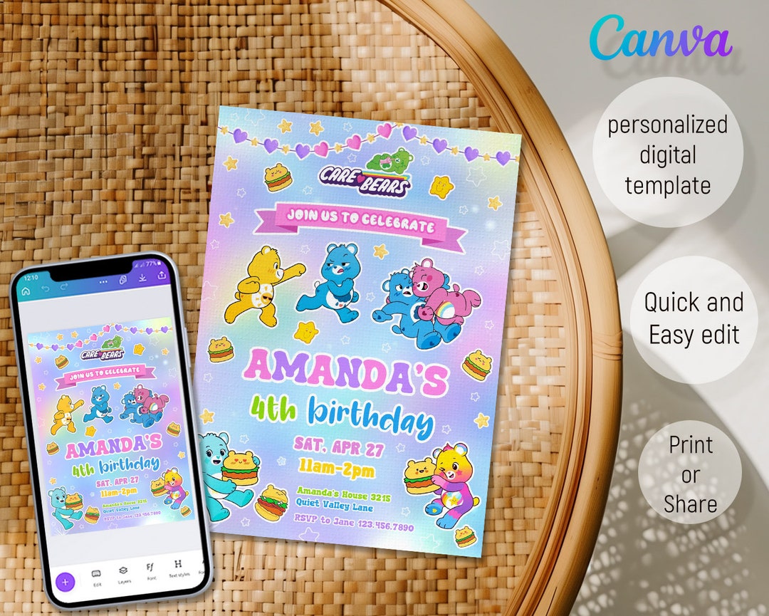 Invitación de cumpleaños de Care Bears editable imprimible, invitación ...