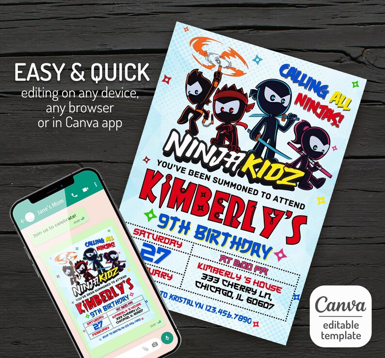 Ninja Kidz Editable Printable Invitation, Boy Girl Birthday Invitation ...