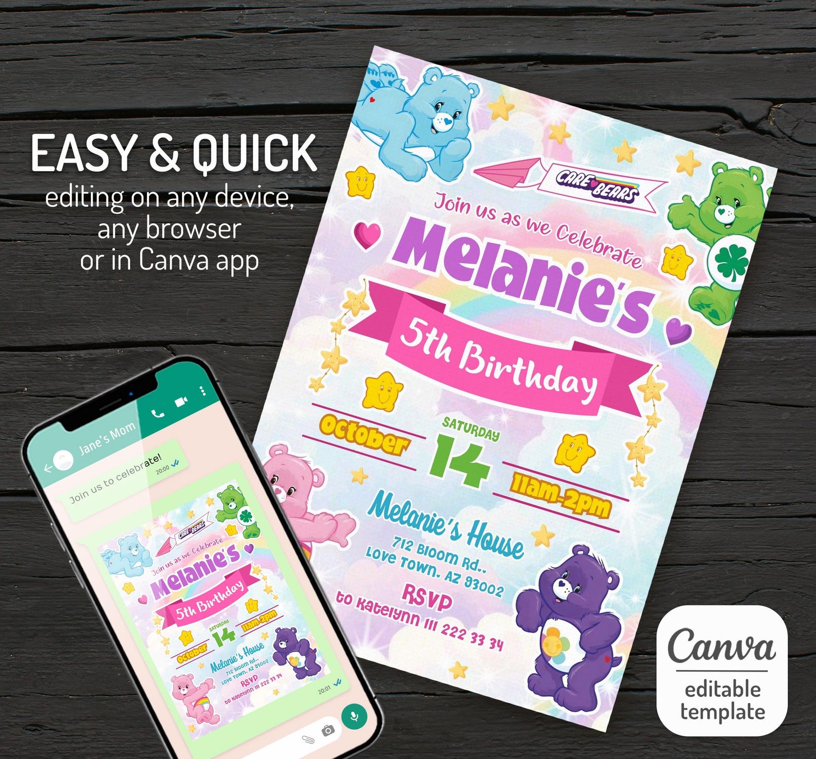 Printable Editable Care Bears Birthday Invitation, Birthday Party ...