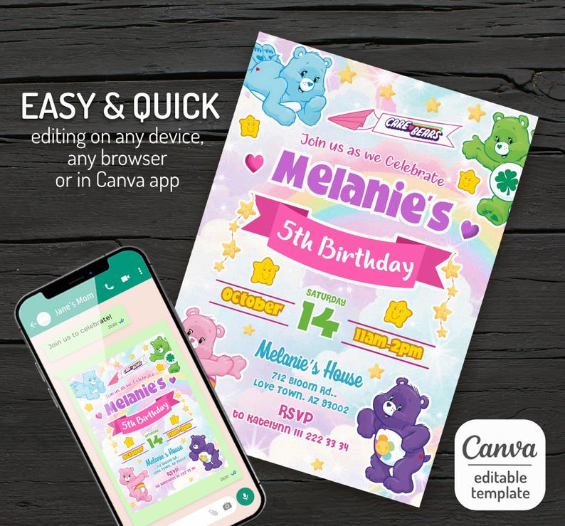 Printable Editable Care Bears Birthday Invitation, Birthday Party ...