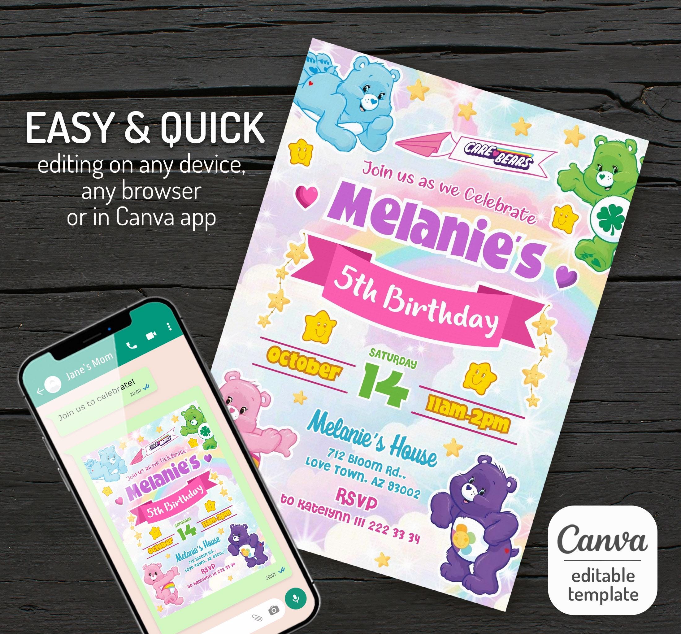 Printable Editable Care Bears Birthday Invitation, Birthday Party ...