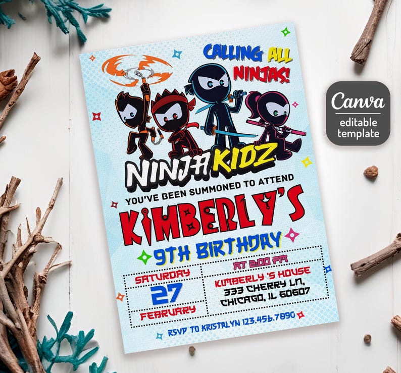 Ninja Kidz Editable Printable Invitation, Boy Girl Birthday Invitation ...
