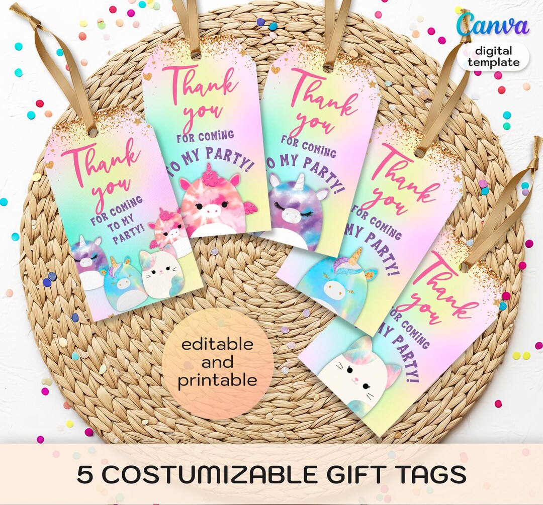 Squish Printable Gift Tags, Birthday Party Thank You Card, Editable ...