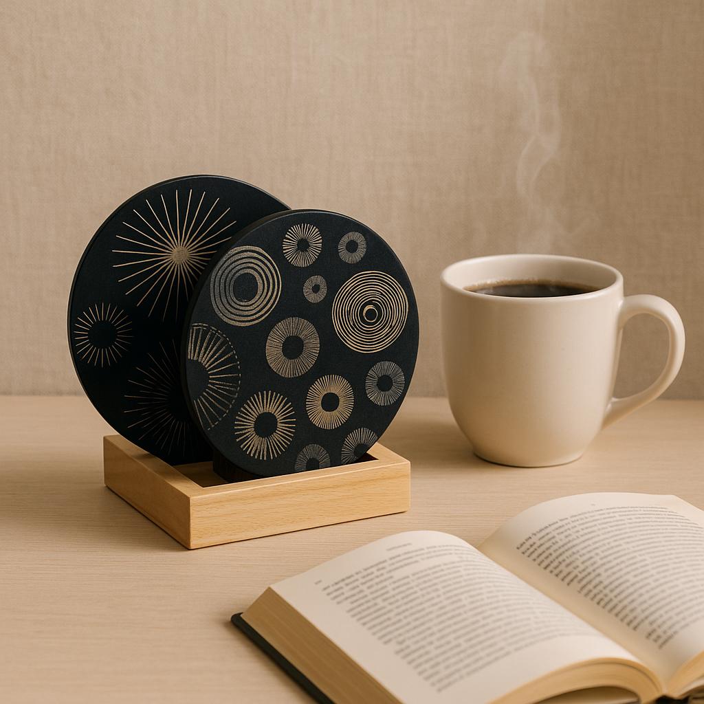 Coasters | Set of 6 Black Gold Printed Coasters With Stand | Black ...