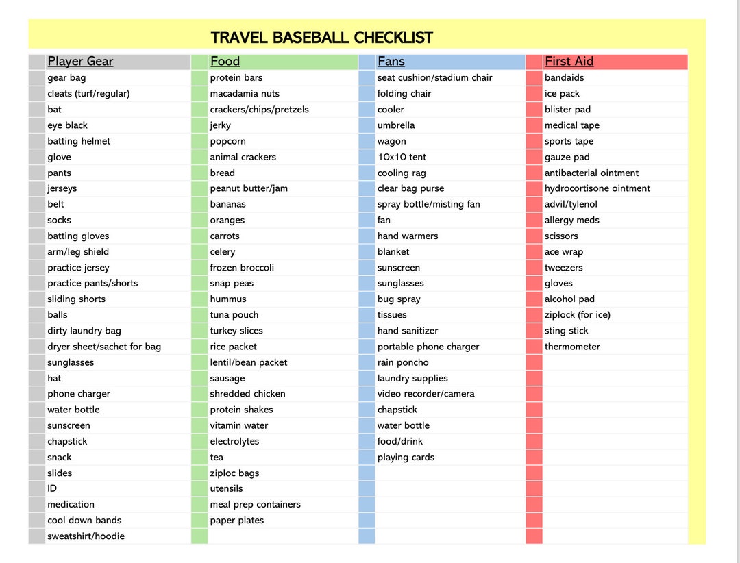 TRAVEL BASEBALL CHECKLIST - Etsy
