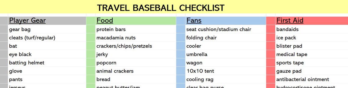 TRAVEL BASEBALL CHECKLIST - Etsy