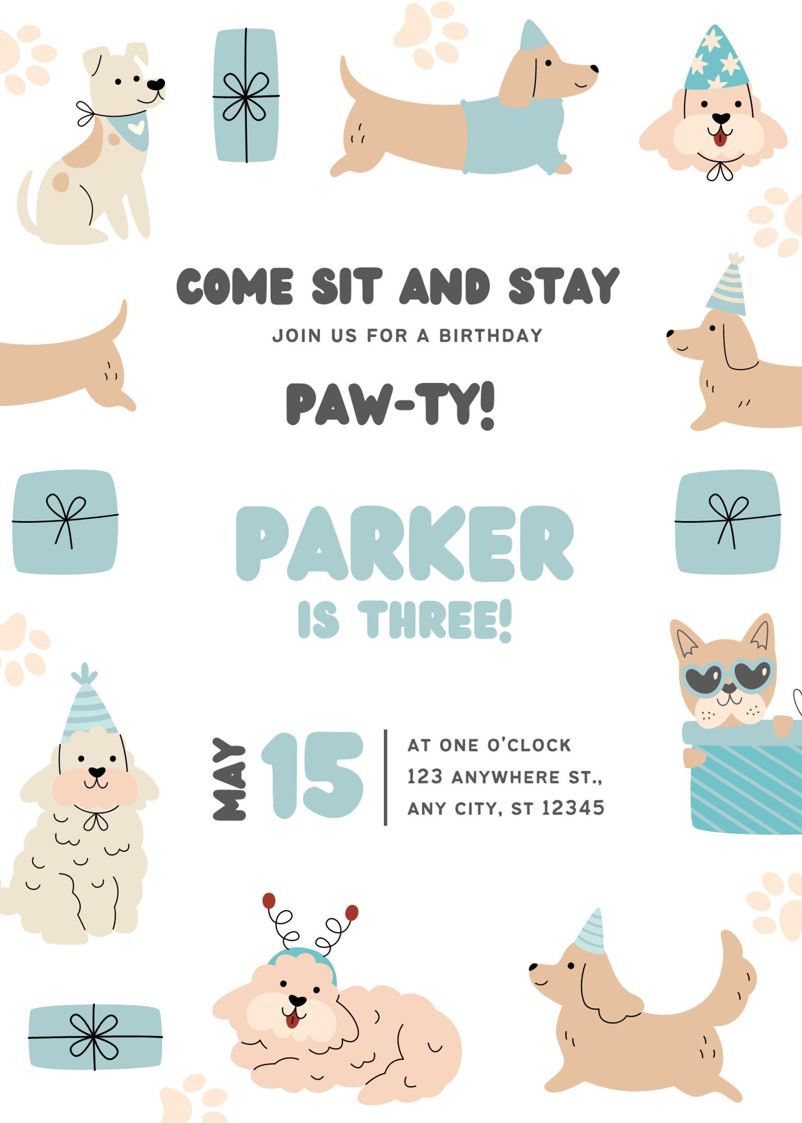 Pawt-y Theme Birthday Invitation, Dog Themed Birthday Party Invite ...