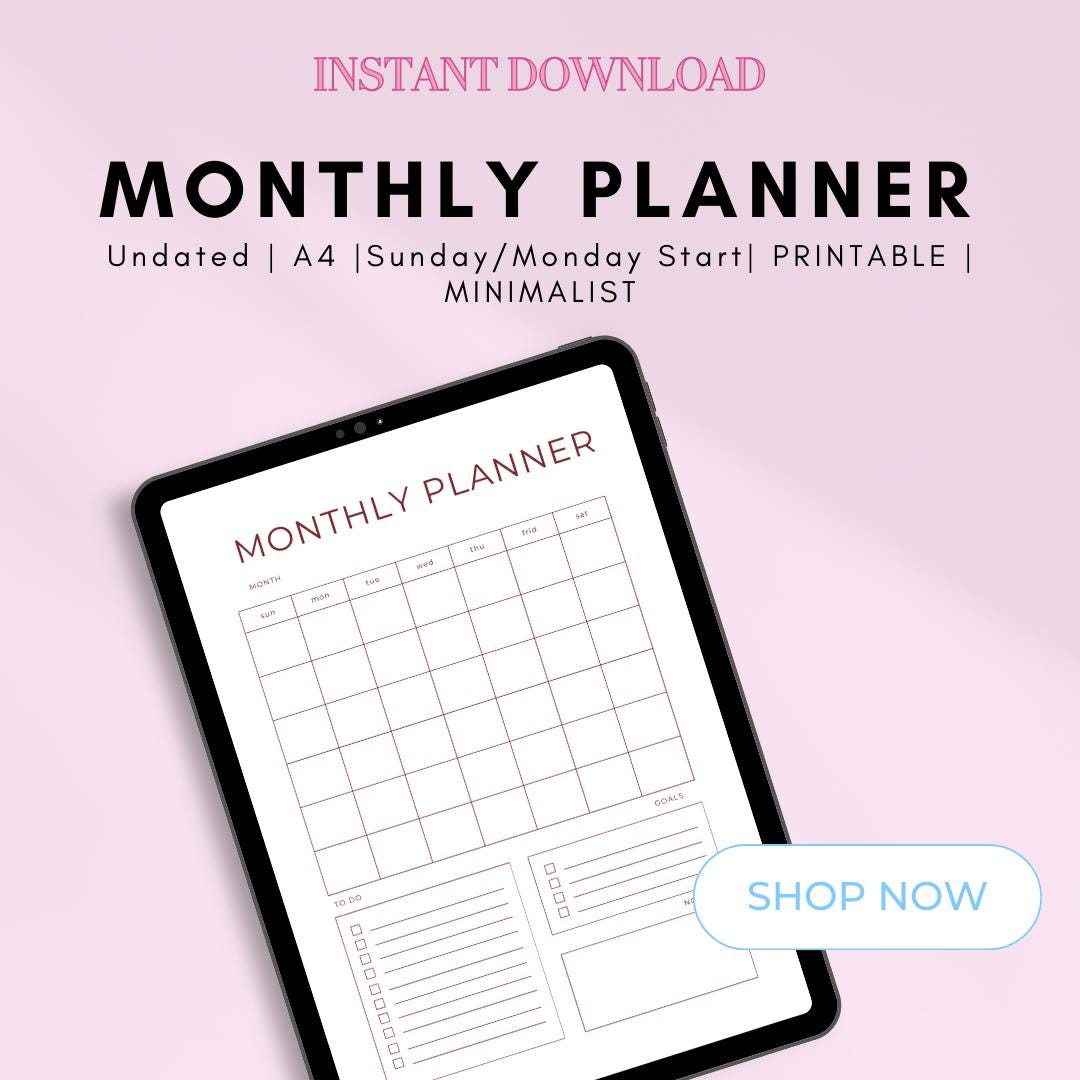 Monthly Planner Printable Template, Minimalist Monthly Schedule ...