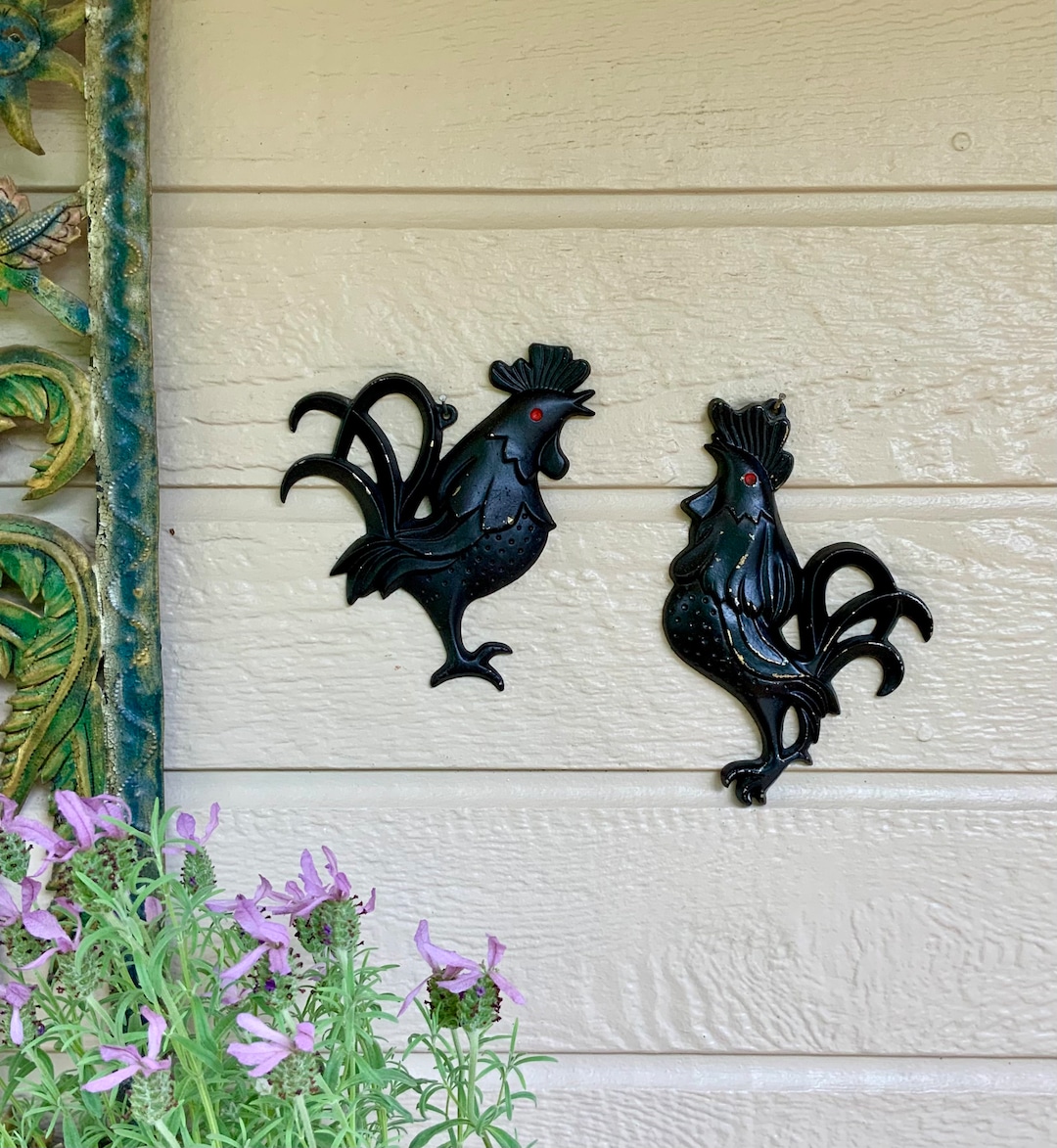 FREE Shipping-vintage 1960’s *pair* Metal Roosters Wall Decor-black ...