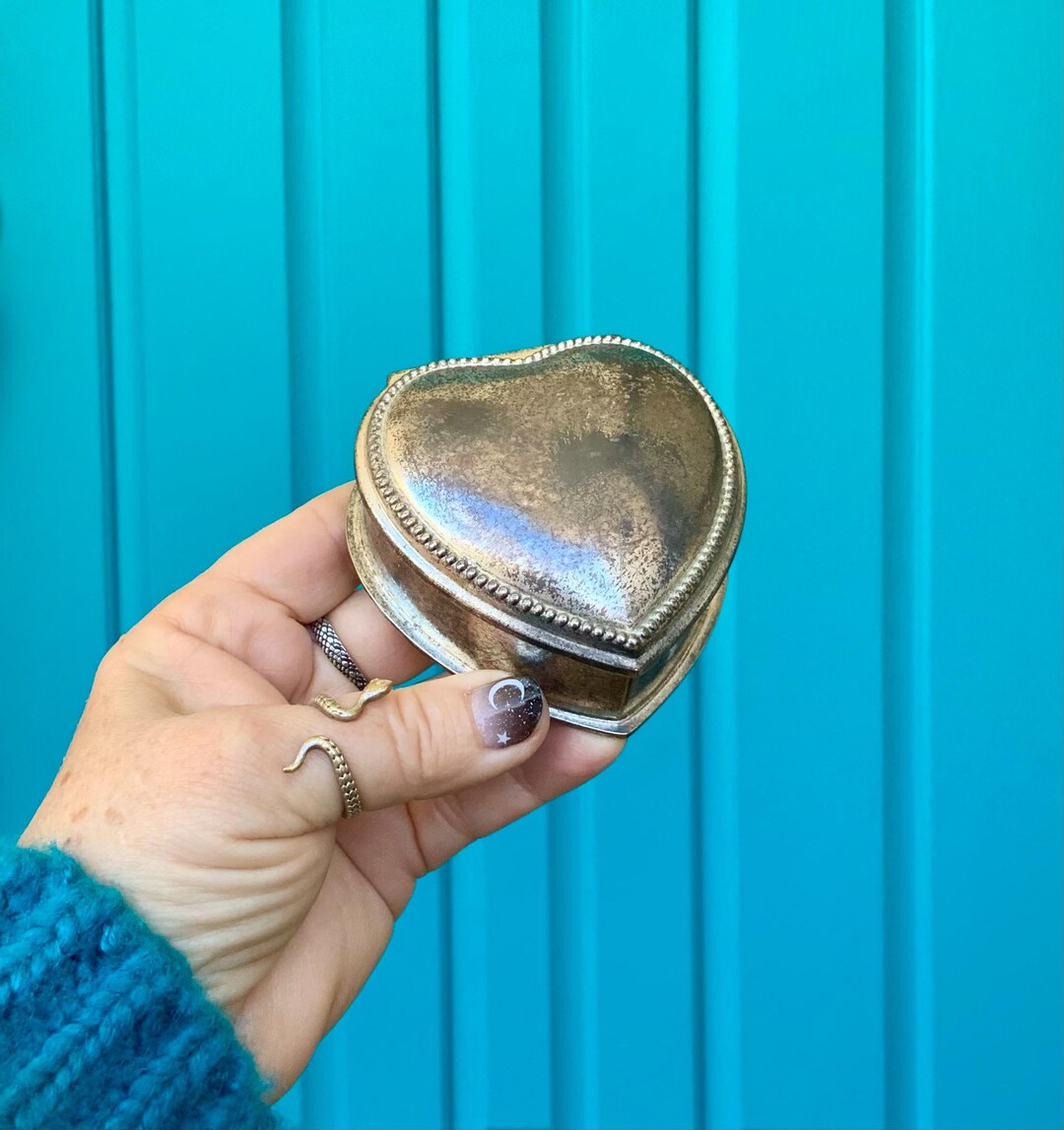 FREE Shipping-vintage Silver Plate Heart Shape Trinket/ring Box W/pink ...