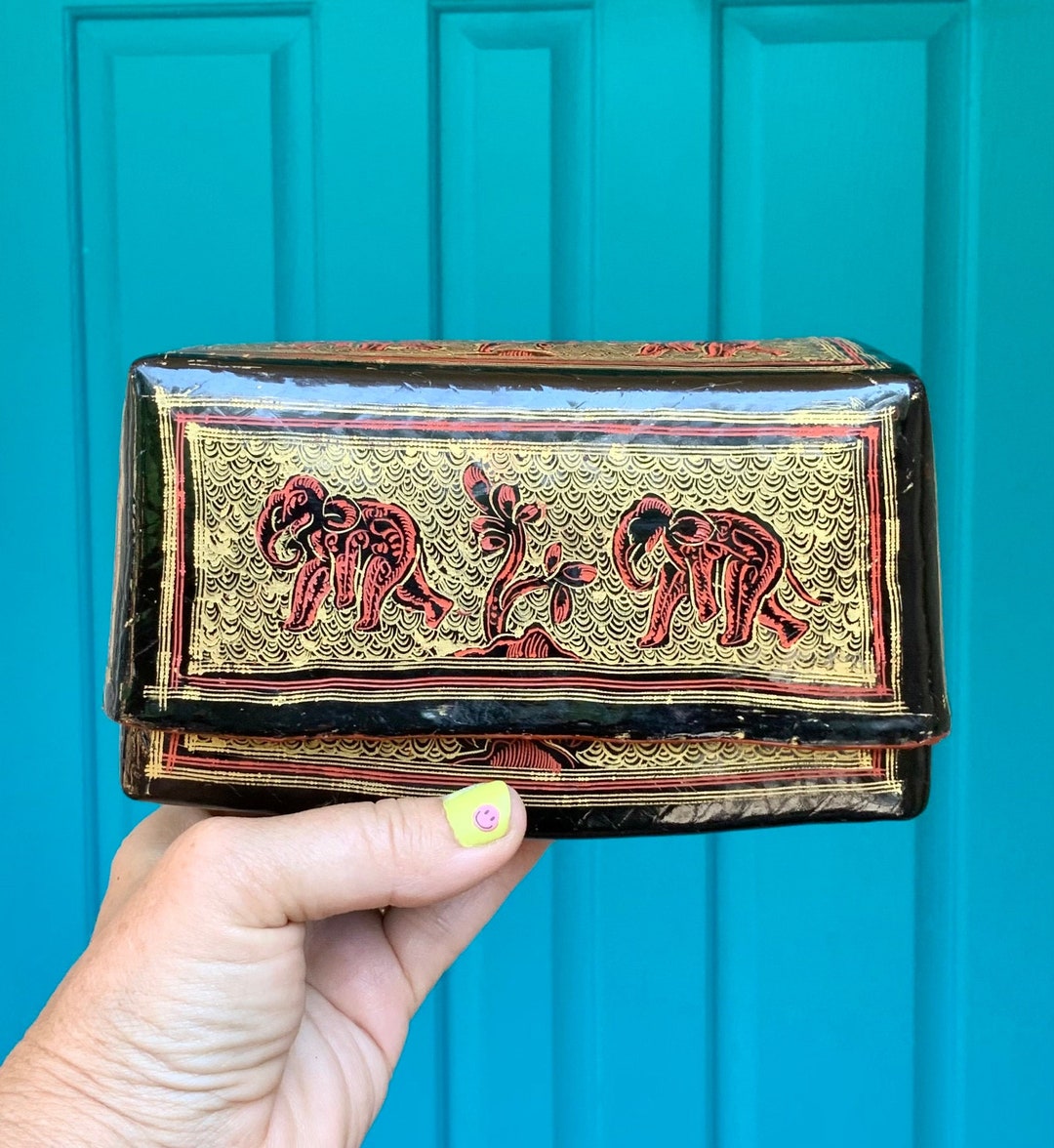 FREE Shipping-vintage Unique & Rare Lacquer Elephant Design Box-trinket ...