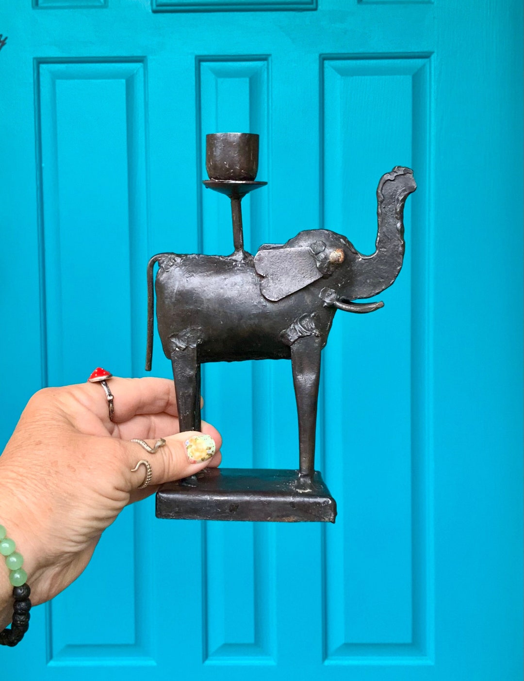 FREE Shipping-vintage Handcrafted Wrought Iron Elephant Candlestick ...