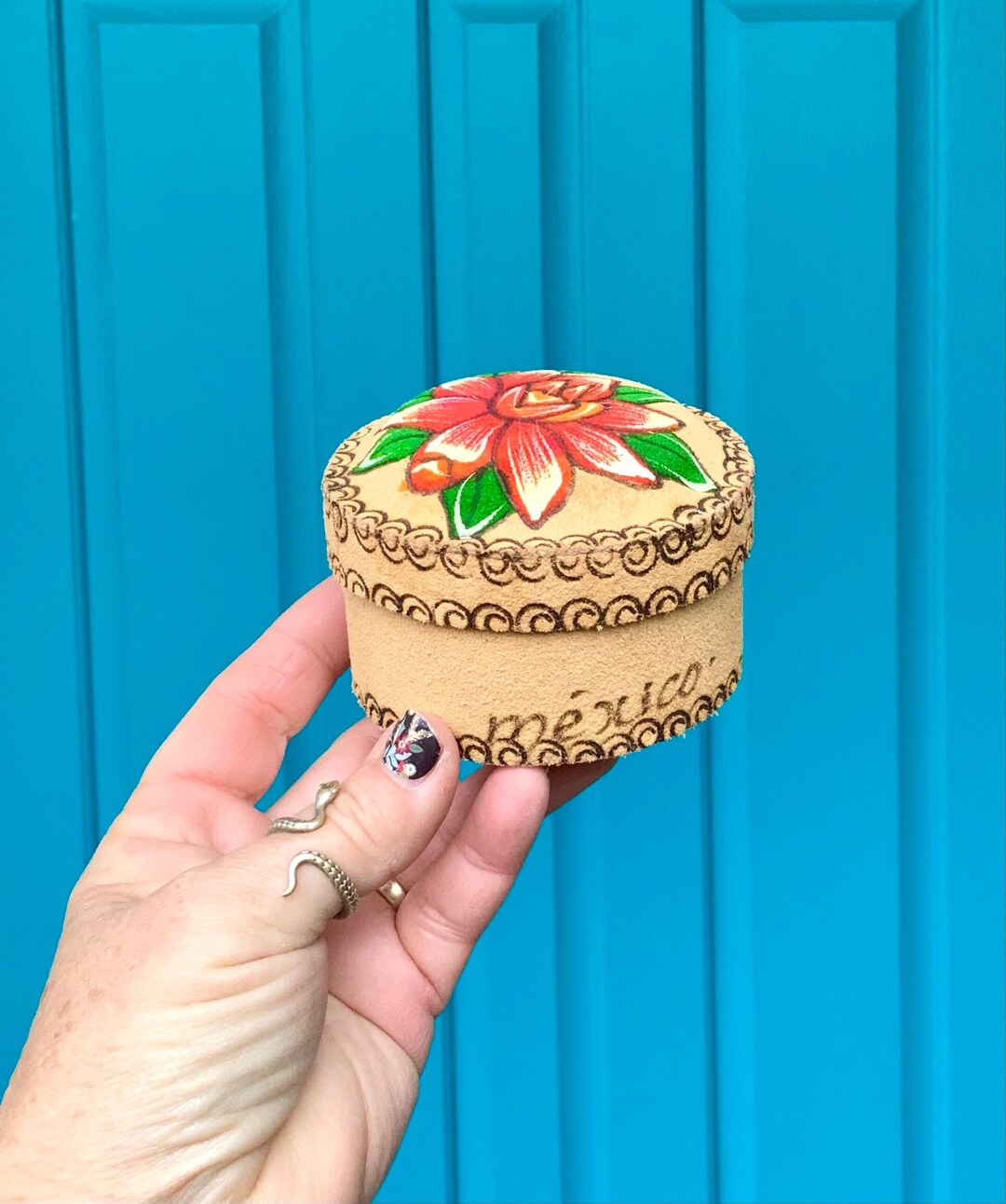 FREE Shipping-vintage Unique Suede Hand Painted Mexico Souvenir Trinket ...