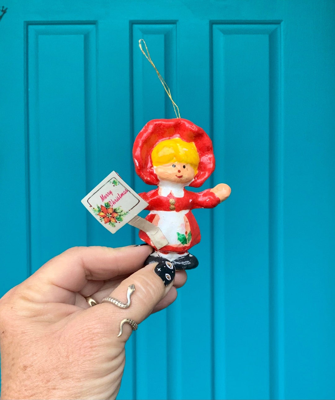 FREE Shipping-vintage Sweet Paper Mache Girl Holding Merry Christmas ...