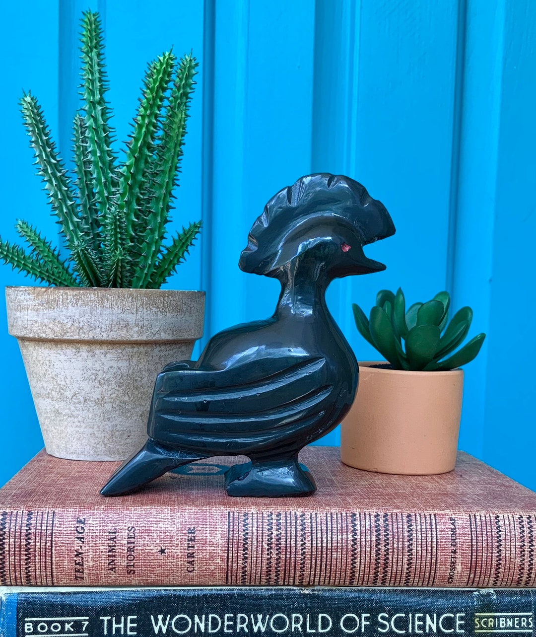 FREE Shipping-vintage Stunning Carved Black Onyx Stone Crested Bird ...