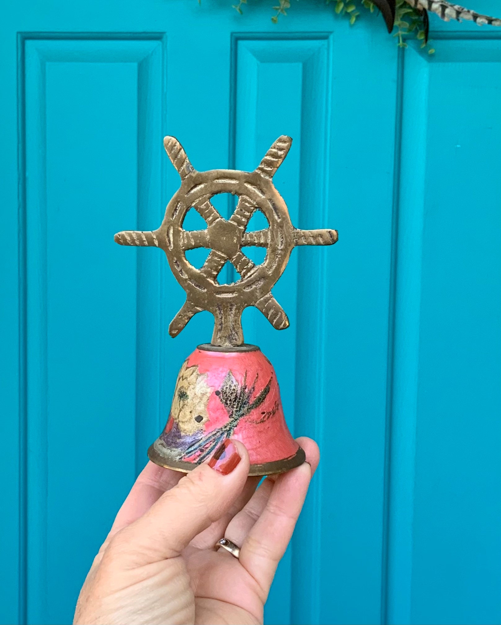 FREE Shipping-vintage Rare & Stunning Enameled Brass Ships Wheel Bell ...