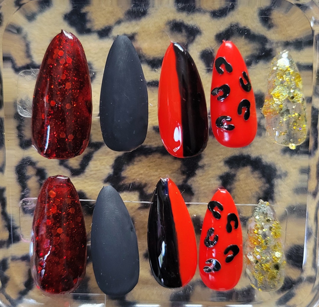 Red and Black Leopard Print Nails - Etsy