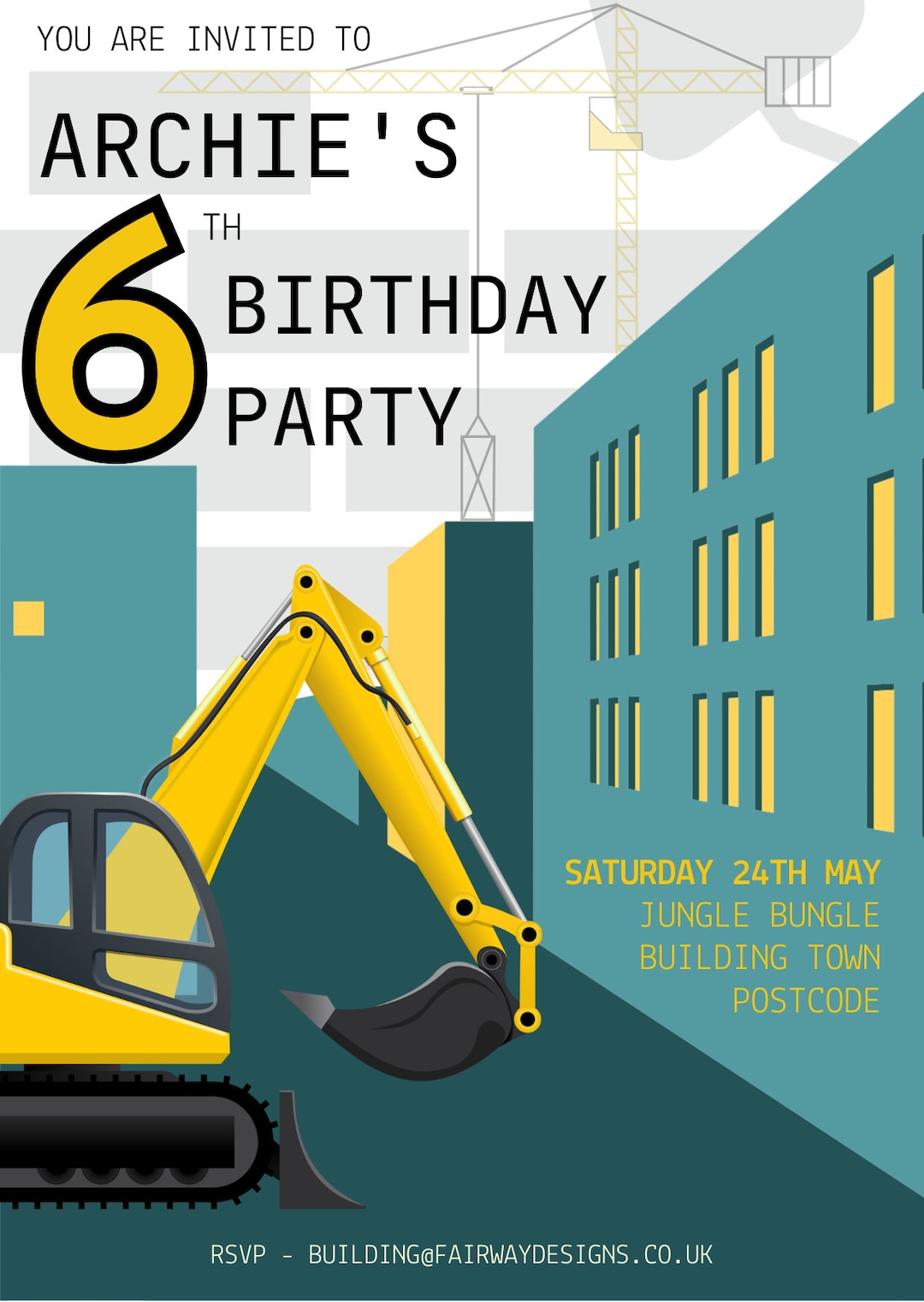 Digger Birthday Party Invitation - Editable Template - Etsy