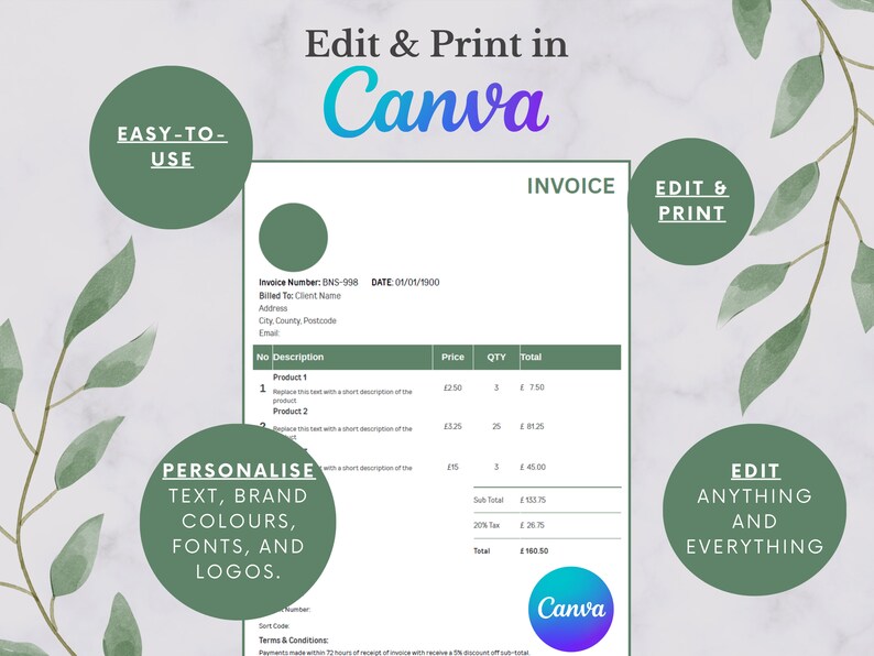 Invoice Template | Canva, Google Docs & Word | Auto-calculating | Small ...