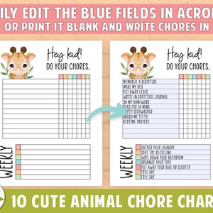 Watercolor Chore Chart, Exotic Wildlife, PRINTABLE, EDITABLE, Printable ...