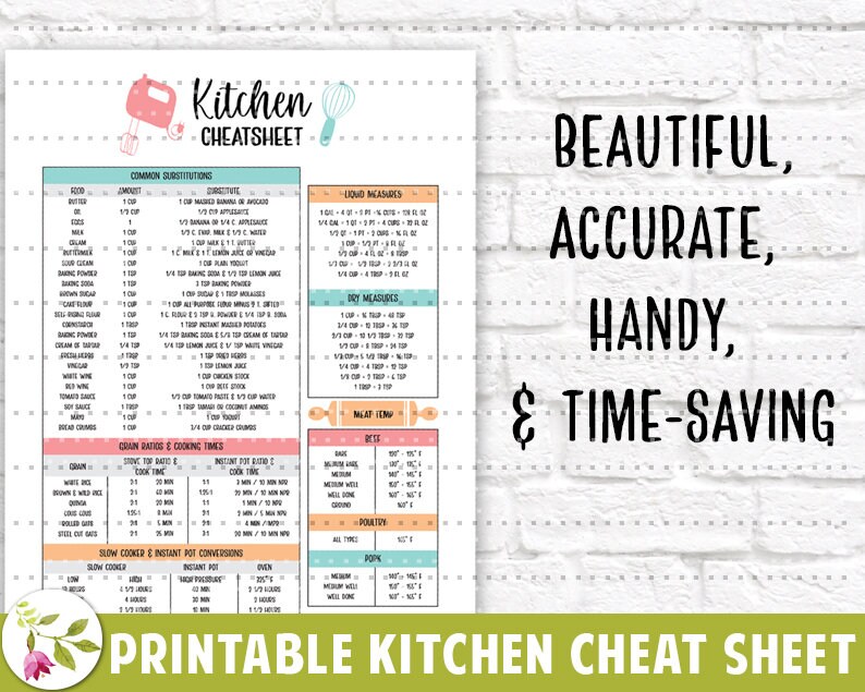 Printable Kitchen Cheatsheet, Kitchen Substitution Chart, Kitchen ...