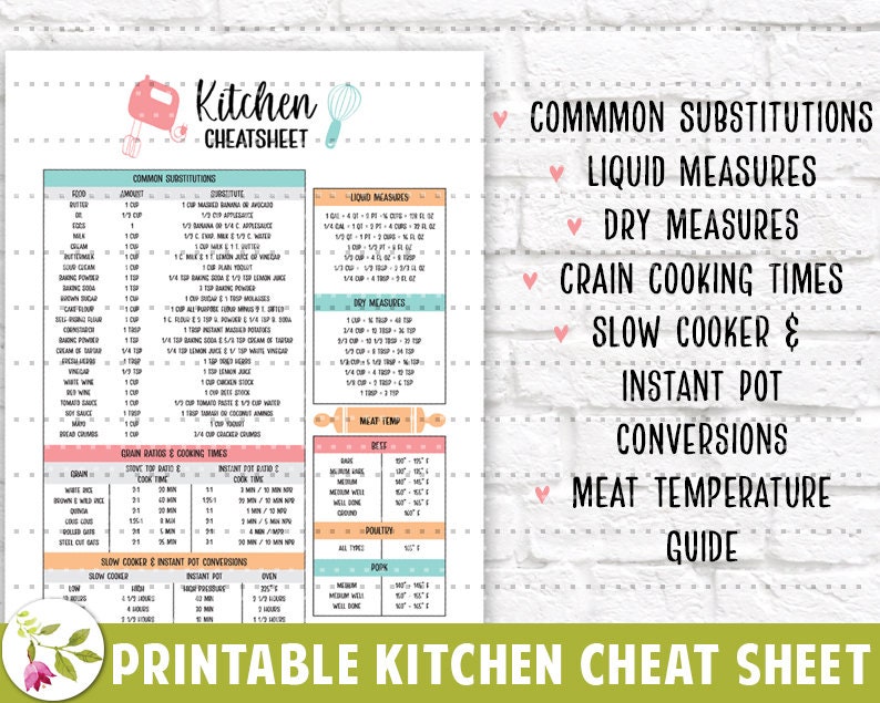 Printable Kitchen Cheatsheet, Kitchen Substitution Chart, Kitchen ...