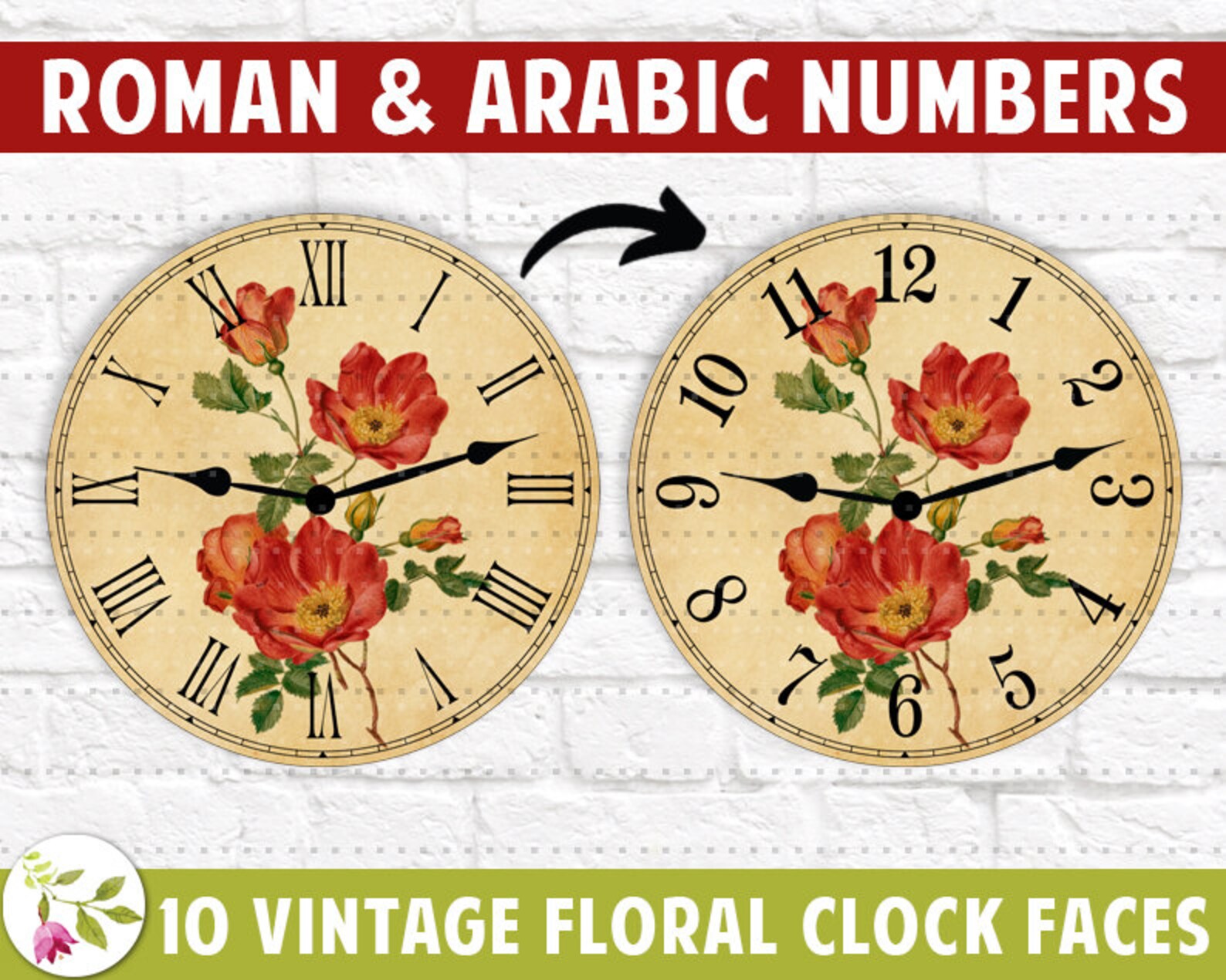 Red Floral Vintage Clock Faces | Roses PNG | Hibiscus PNG | Sublimation ...