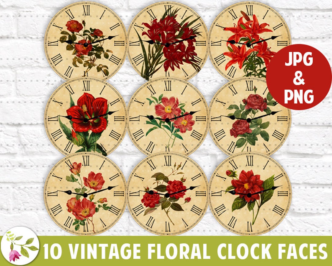 Red Floral Vintage Clock Faces | Roses PNG | Hibiscus PNG | Sublimation ...